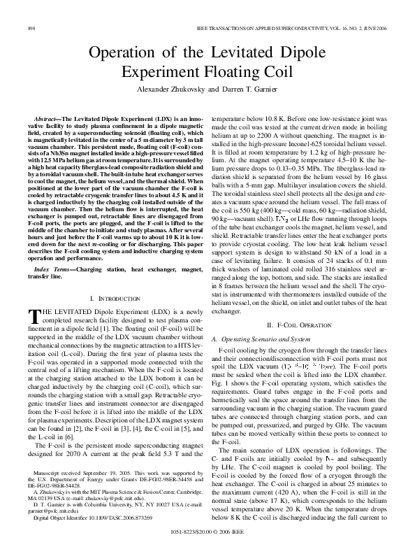 (PDF) Operation of the Levitated Dipole Experiment Floating Coil ...