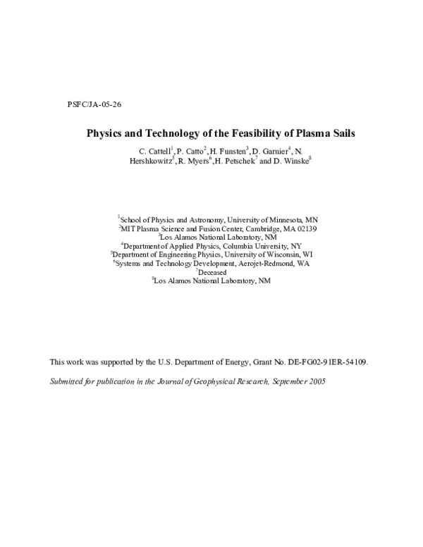 (PDF) Physics and technology of the feasibility of plasma sails