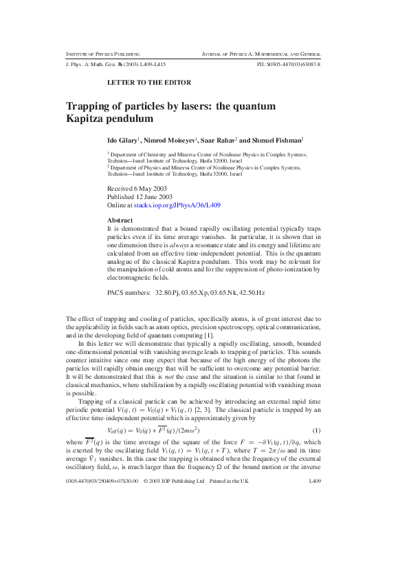 (PDF) Trapping of particles by lasers: the quantum Kapitza pendulum