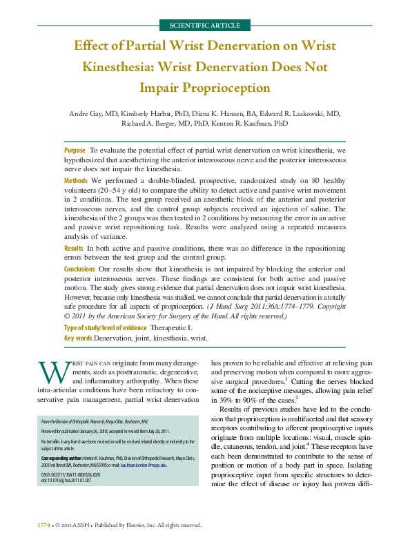 (PDF) Effect of Partial Wrist Denervation on Wrist Kinesthesia: Wrist ...