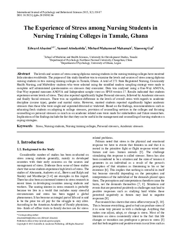 (PDF) The Experience of Stress among Nursing Students in Nursing Training Colleges in Tamale, Ghana
