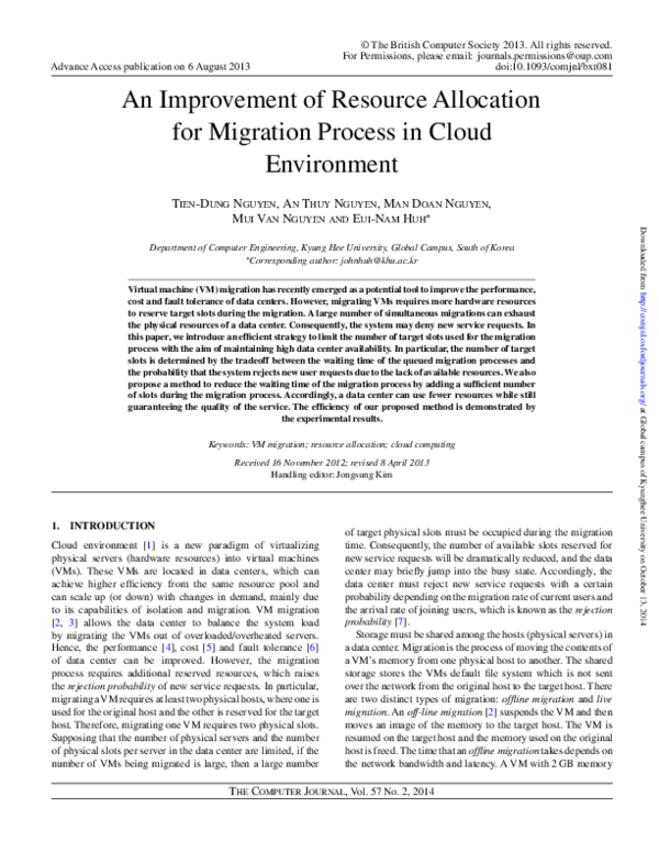 (PDF) An Improvement of Resource Allocation for Migration Process in Cloud Environment | An ...