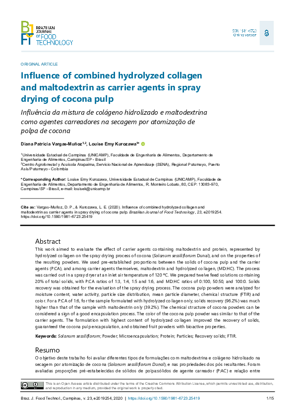 (PDF) Influence of combined hydrolyzed collagen and maltodextrin as carrier agents in spray ...