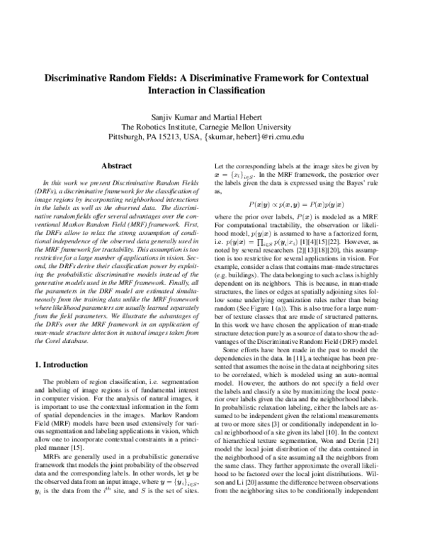 (PDF) Discriminative random fields: a discriminative framework for contextual interaction in ...