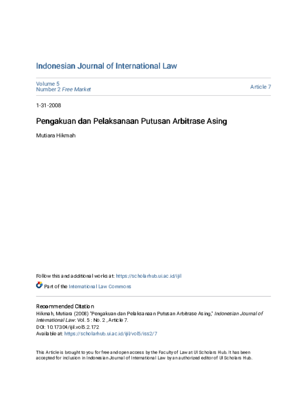 (PDF) Pengakuan dan Pelaksanaan Putusan Arbitrase Asing
