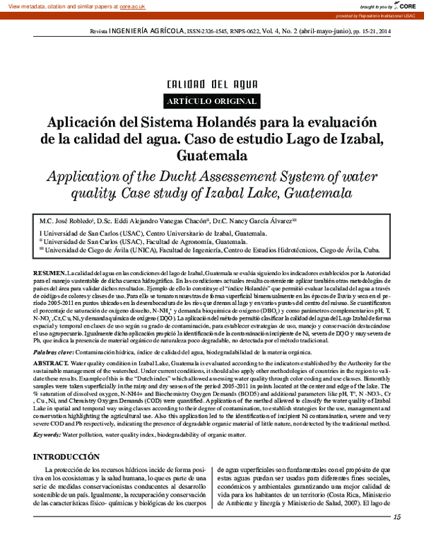 (PDF) Aplicación del Sistema Holandés para la evaluación de la calidad del agua. Caso de estudio ...