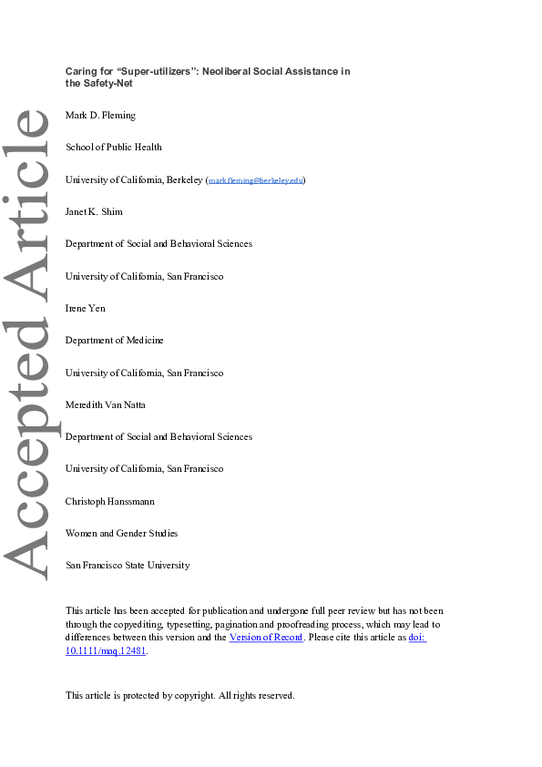 (PDF) Caring for "Super-utilizers": Neoliberal Social Assistance in the ...