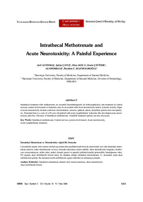 (PDF) Intrathecal Methotrexate and Acute Neurotoxicity: A Painful ...