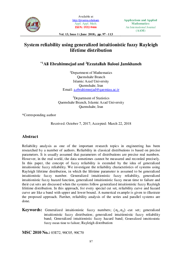 (PDF) System reliability using generalized intuitionistic fuzzy Rayleigh lifetime distribution ...