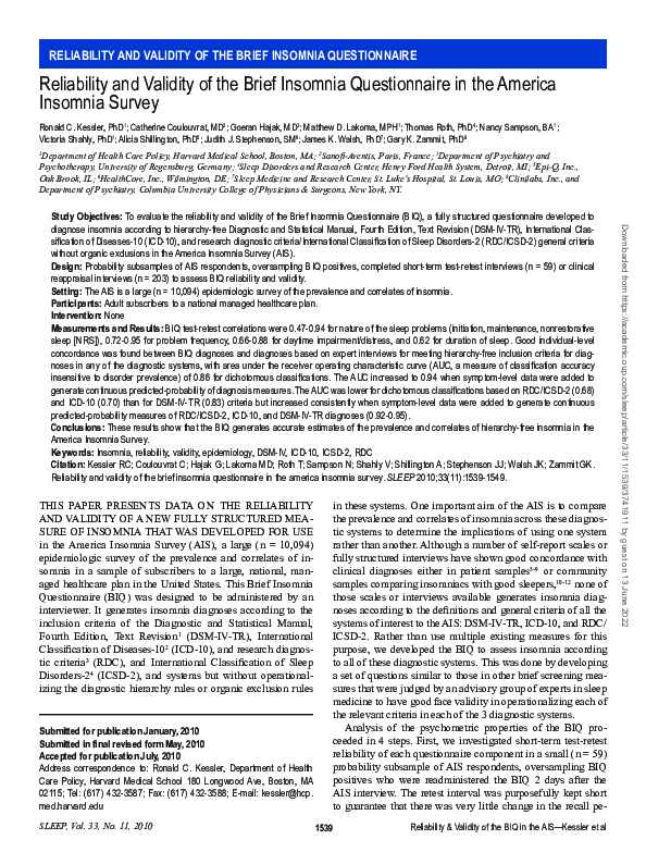 (PDF) Reliability and Validity of the Brief Insomnia Questionnaire in ...