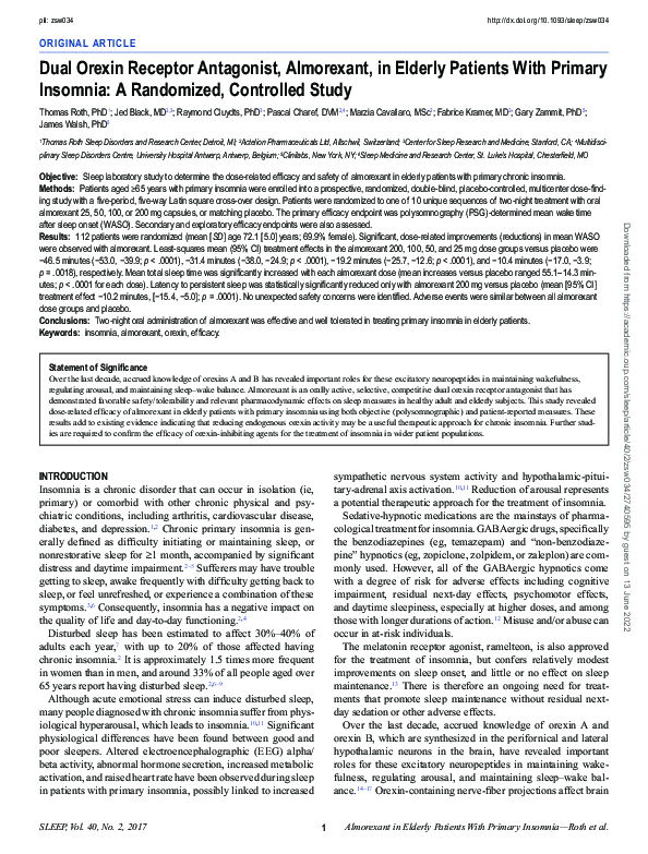 (PDF) Dual Orexin Receptor Antagonist, Almorexant, in Elderly Patients ...