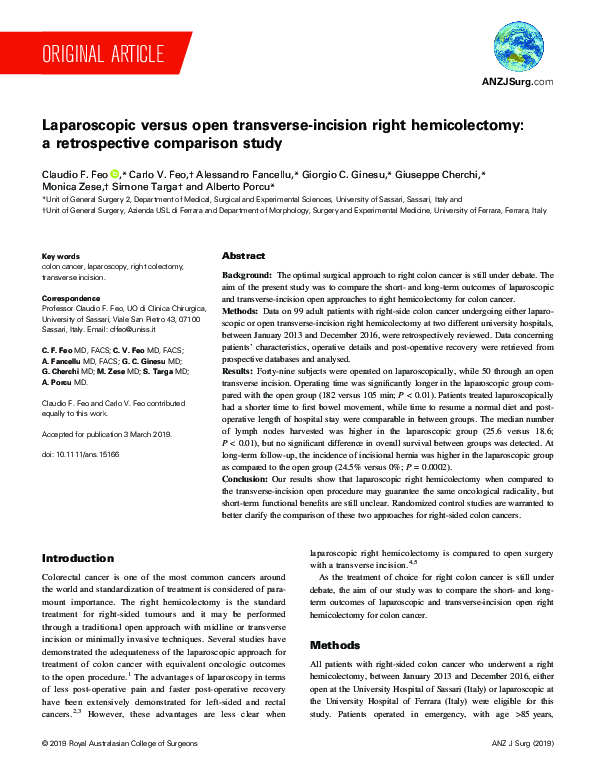 (PDF) Laparoscopic versus open transverse‐incision right hemicolectomy: a retrospective ...