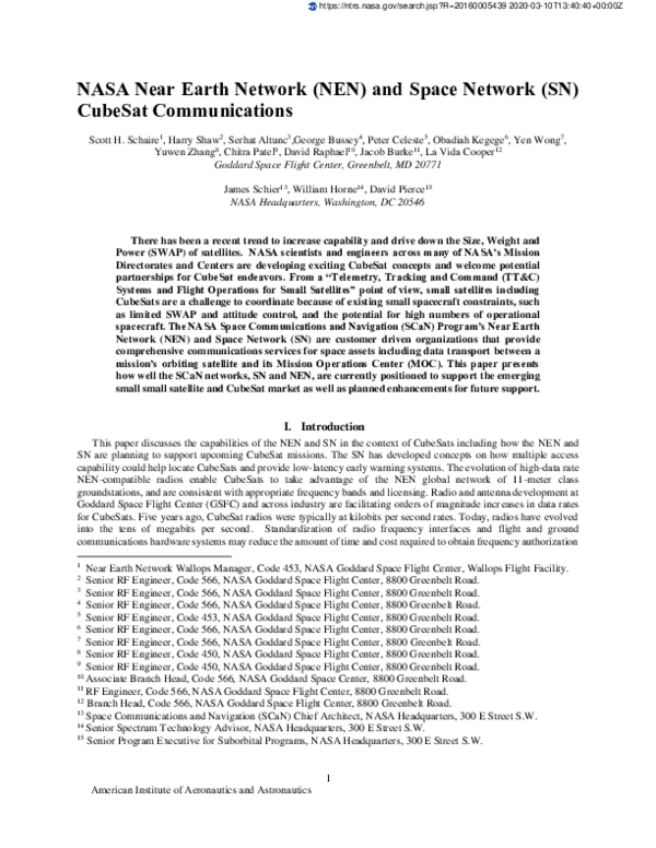 (PDF) NASA Near Earth Network (NEN) and Space Network (SN) CubeSat ...