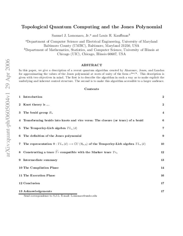 (PDF) Topological quantum computing and the Jones polynomial