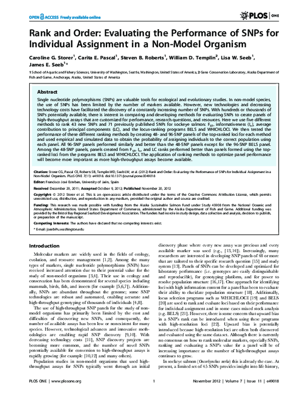 (PDF) Rank and Order: Evaluating the Performance of SNPs for Individual ...