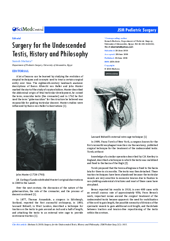 (PDF) Surgery for the Undescended Testis, History and Philosophy