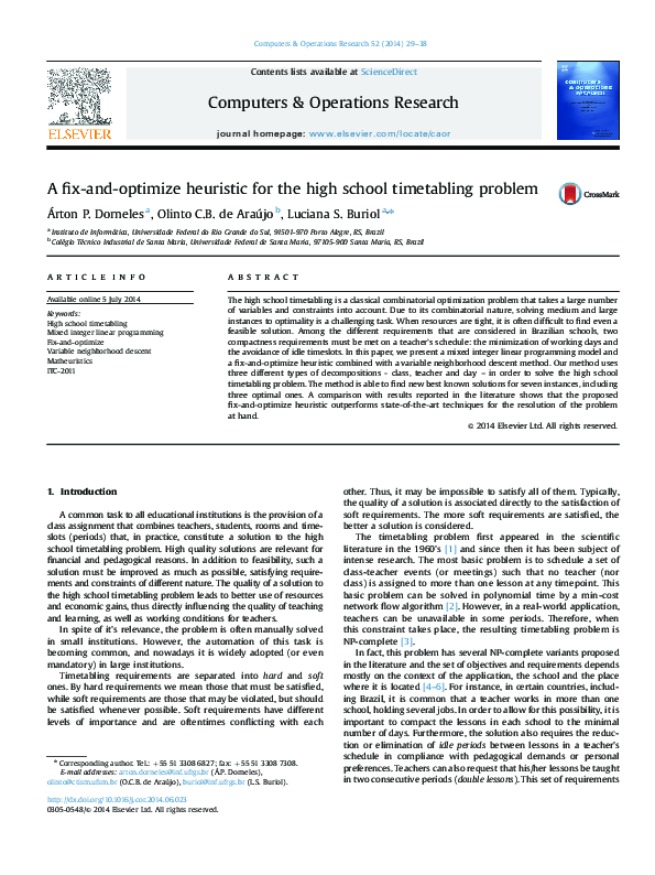 Pdf A Fix And Optimize Heuristic For The High School Timetabling Problem Olinto Araujo