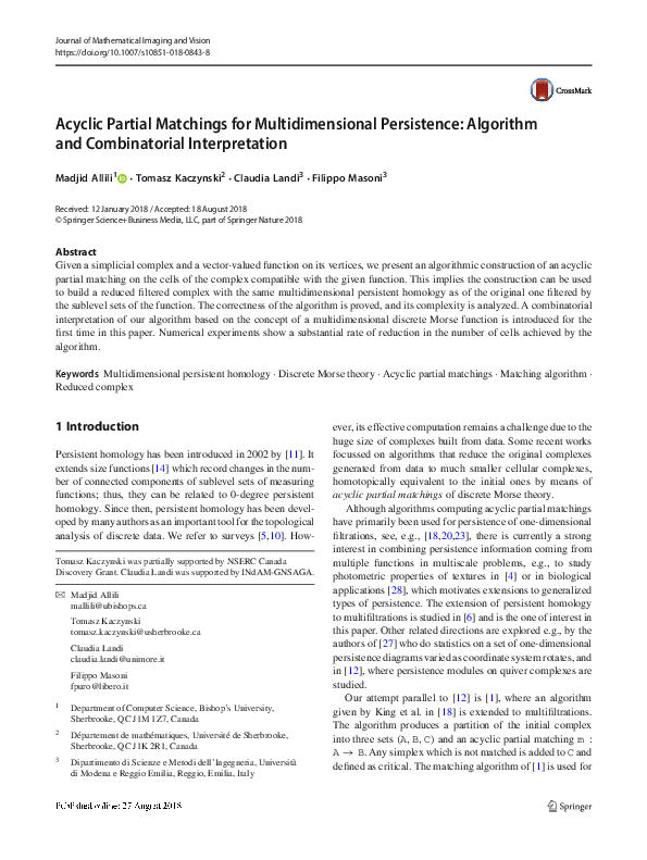 (PDF) Acyclic Partial Matchings for Multidimensional Persistence: Algorithm and Combinatorial ...