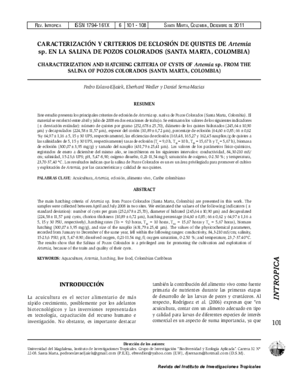 (PDF) CARACTERIZACIÓN Y CRITERIOS DE ECLOSIÓN DE QUISTES DE Artemia sp ...