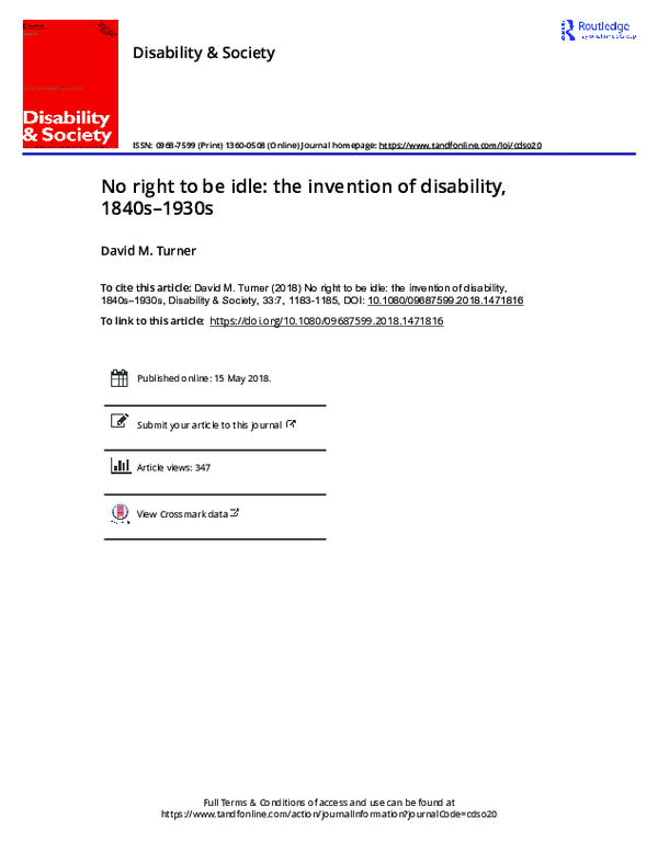 (PDF) No Right to Be Idle: The Invention of Disability, 1840s–1930s by ...