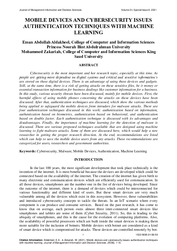 (PDF) Mobile Devices and Cybersecurity Issues Authentication Techniques with Machine Learning ...