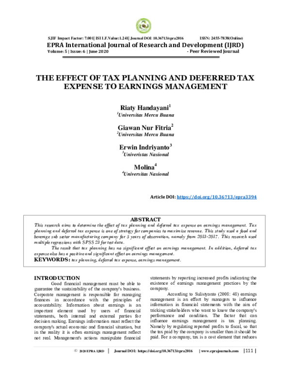 (PDF) The Effect of Tax Planning and Deferred Tax Expense to Earnings Management