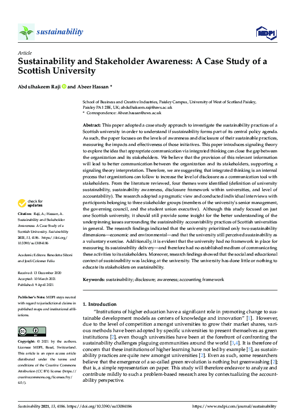 (PDF) Sustainability and Stakeholder Awareness: A Case Study of a ...