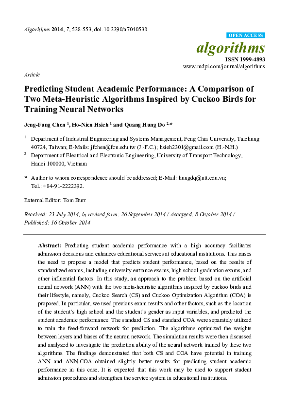 (PDF) Predicting Student Academic Performance: A Comparison of Two Meta-Heuristic Algorithms ...