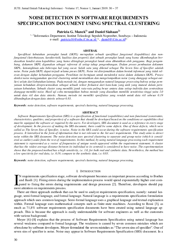 (PDF) Noise Detection in Software Requirements Specification Document Using Spectral Clustering