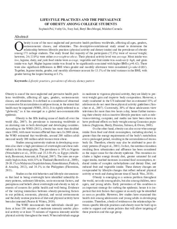 (PDF) Lifestyle practices , prevalence of obesity , dietary pattern ...