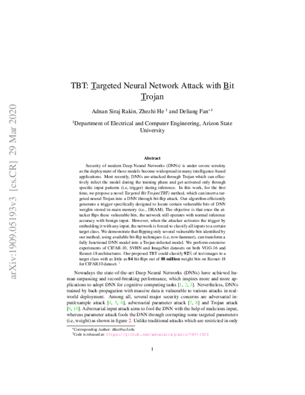 (PDF) TBT: Targeted Neural Network Attack With Bit Trojan