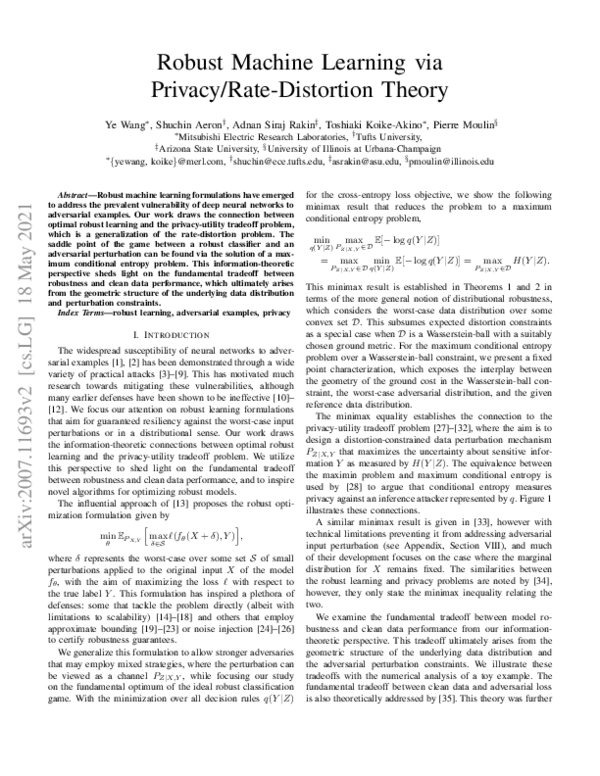 Pdf Robust Machine Learning Via Privacy Rate Distortion Theory