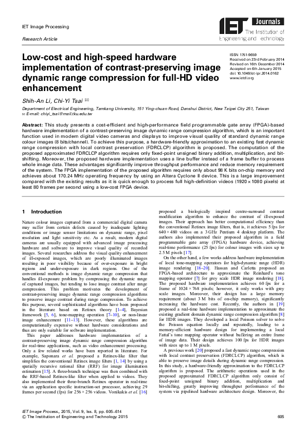 Pdf Low‐cost And High‐speed Hardware Implementation Of Contrast‐preserving Image Dynamic Range