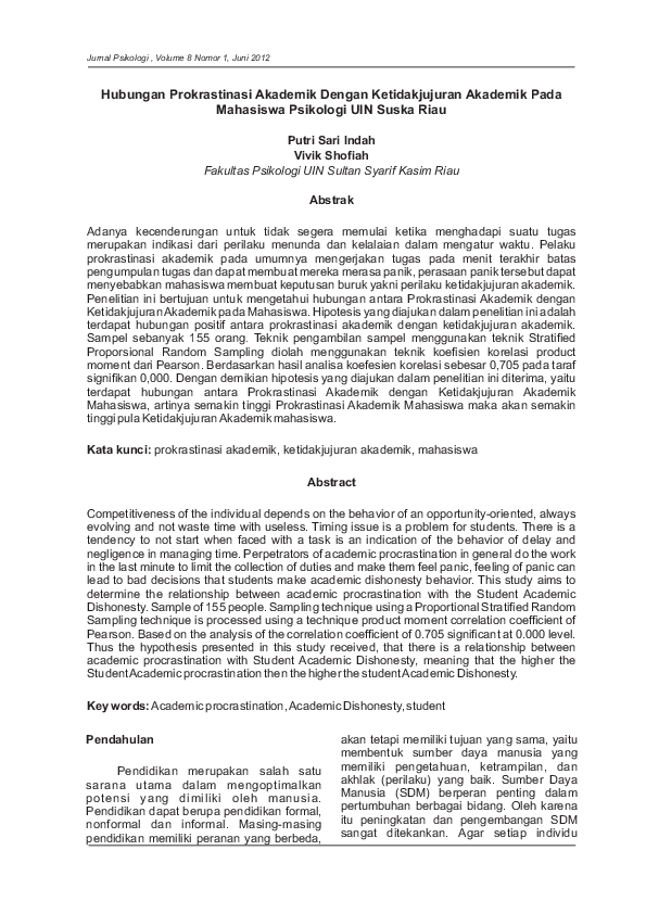 (PDF) Hubungan Prokrastinasi Akademik Dengan Ketidakjujuran Akademik Pada Mahasiswa Psikologi ...