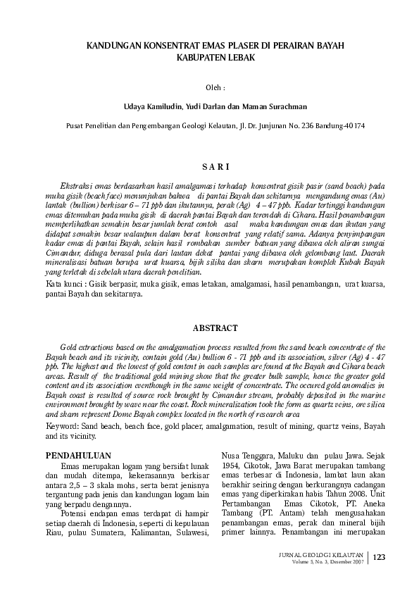 (PDF) Kandungan Konsentrat Emas Plaser DI Perairan Bayah Kabupaten Lebak