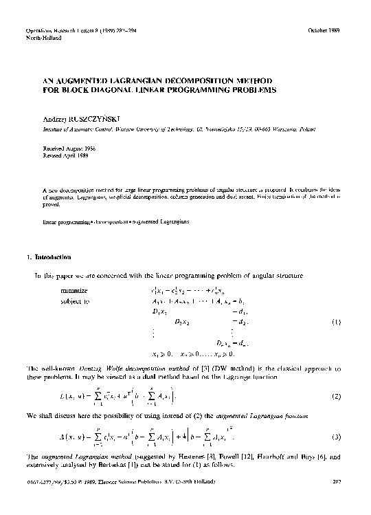 Pdf An Augmented Lagrangian Decomposition Method For Block Diagonal Linear Programming