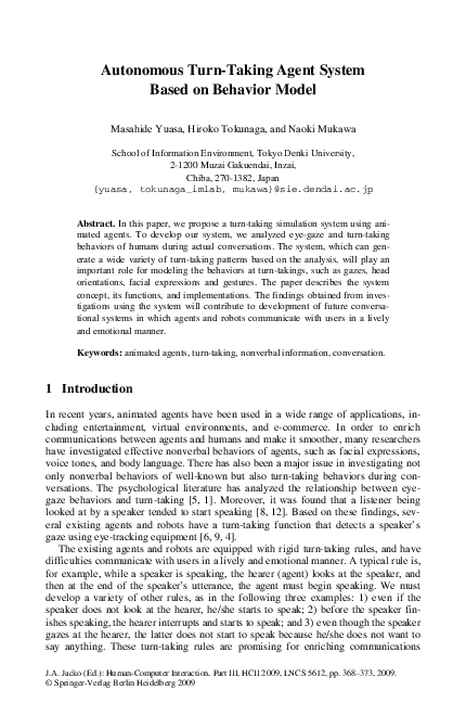 (PDF) Autonomous Turn-Taking Agent System Based on Behavior Model | Masahide Yuasa - Academia.edu