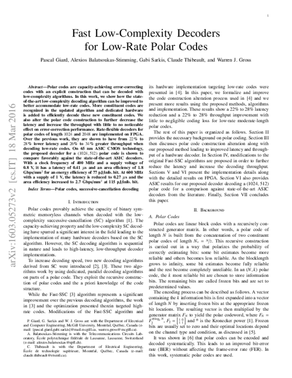 (PDF) Fast Low-Complexity Decoders for Low-Rate Polar Codes