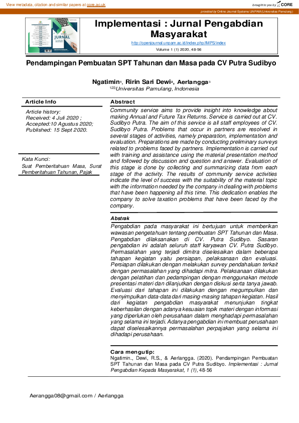 (PDF) Pendampingan Pembuatan SPT Tahunan dan Masa pada CV Putra Sudibyo