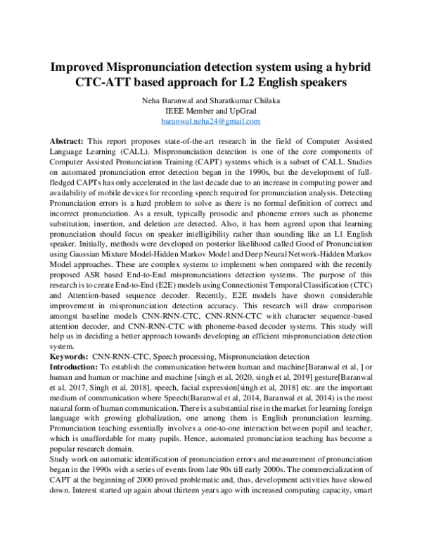 Pdf Improved Mispronunciation Detection System Using A Hybrid Ctc Att Based Approach For L2