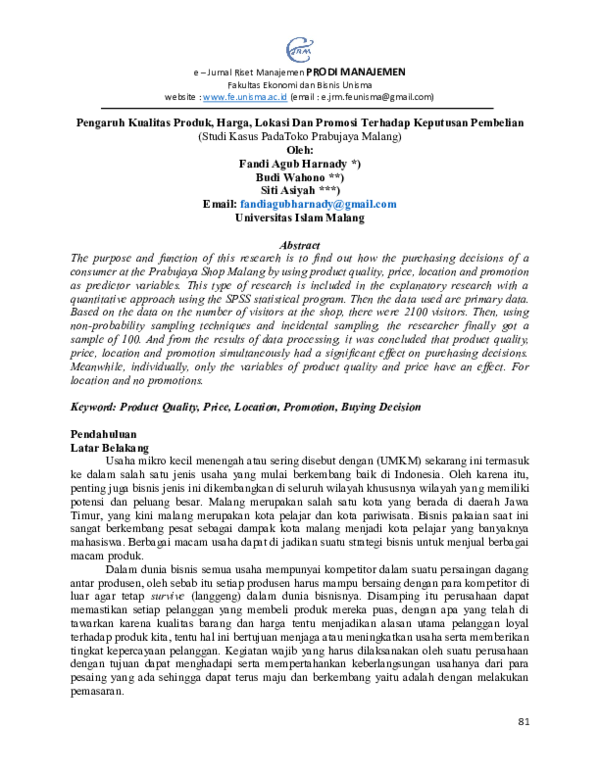 (PDF) Pengaruh Kualitas Produk, Harga, Lokasi Dan Promosi Terhadap Keputusan Pembelian (Studi ...