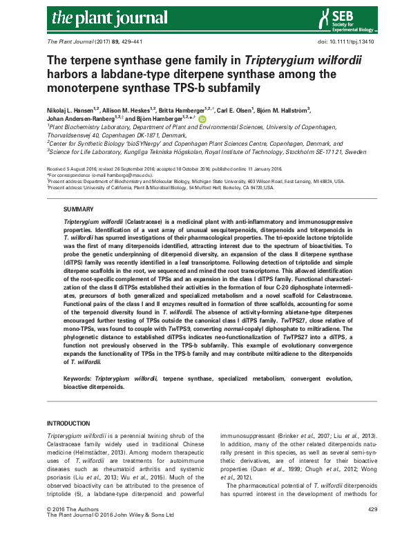 (PDF) The terpene synthase gene family in Tripterygium wilfordii ...