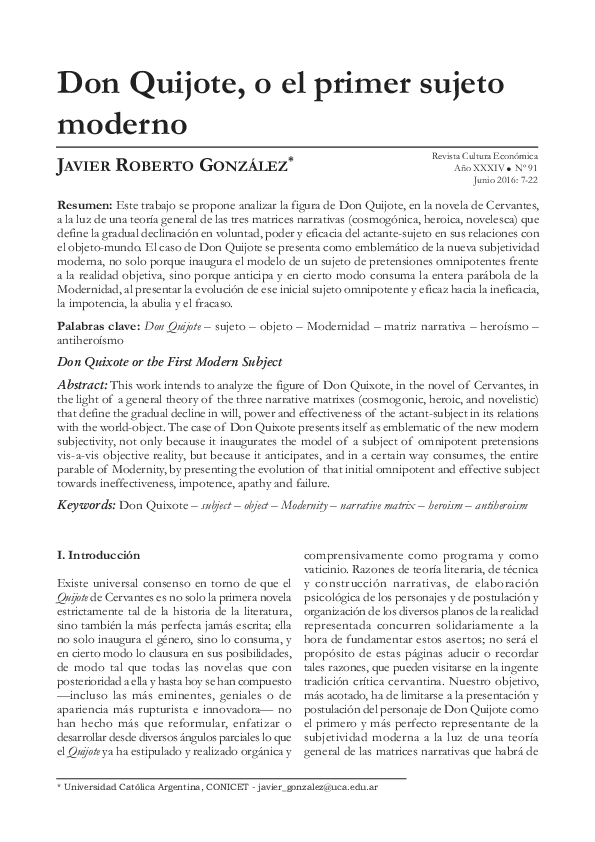 (PDF) Don Quijote, o el primer sujeto moderno
