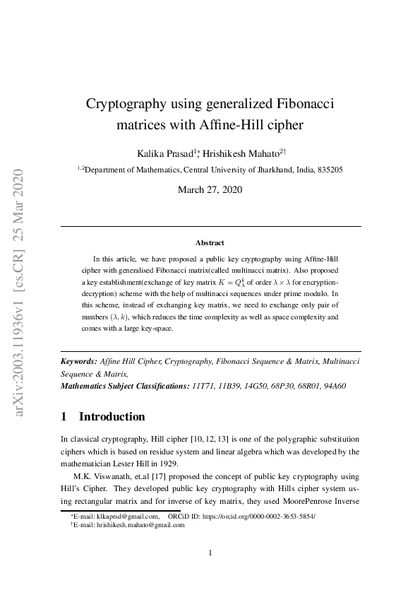 (PDF) Cryptography using generalized Fibonacci matrices with Affine-Hill cipher