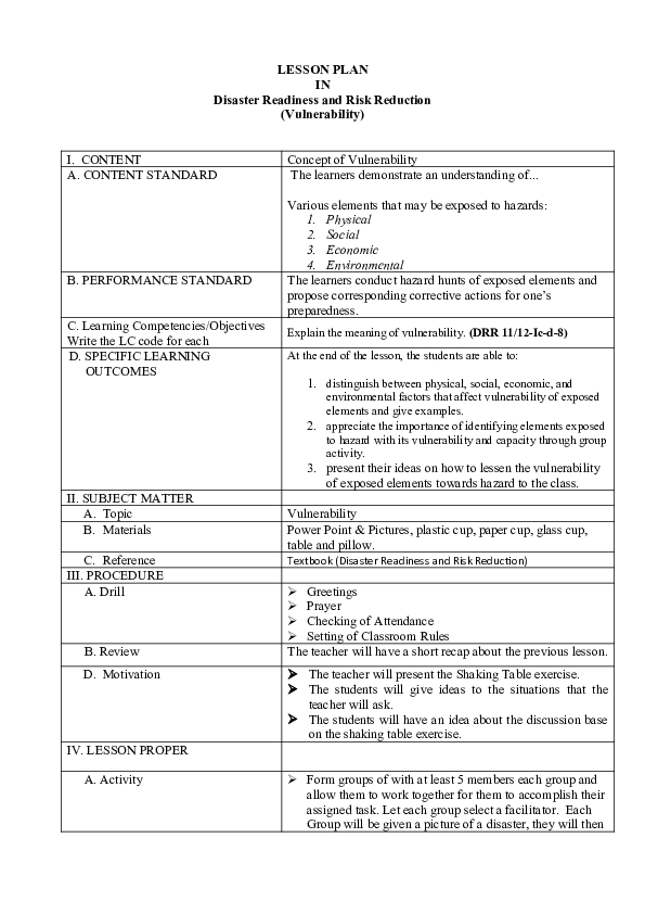 (DOC) LESSON PLAN IN Disaster Readiness and Risk Reduction (Vulnerability