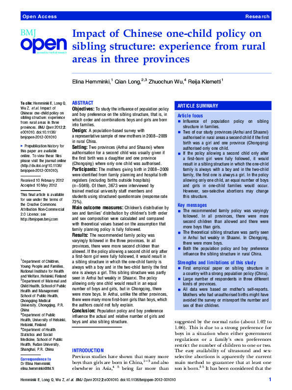(PDF) Impact of Chinese one-child policy on sibling structure ...