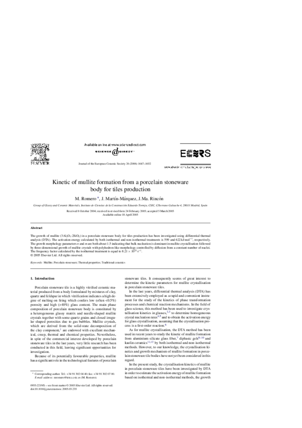 (PDF) Kinetic of mullite formation from a porcelain stoneware body for ...
