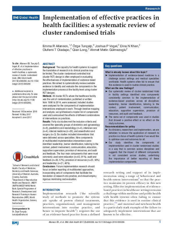 (PDF) Implementation of effective practices in health facilities: a systematic review of cluster ...