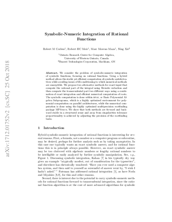 Pdf Symbolic Numeric Integration Of Rational Functions Robert Moir