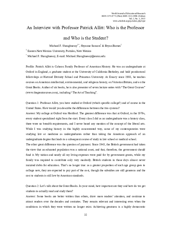 (PDF) An Interview with Professor Patrick Allitt: Who is the Professor ...
